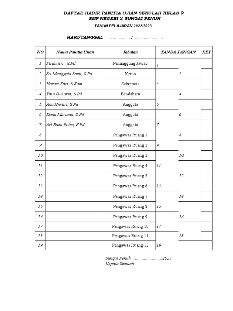 Daftar Hadir Pengawas Ujian | PDF