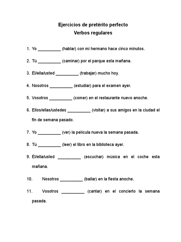 5 - Ejercicios de Pretérito Perfecto Verbos Regulares | PDF