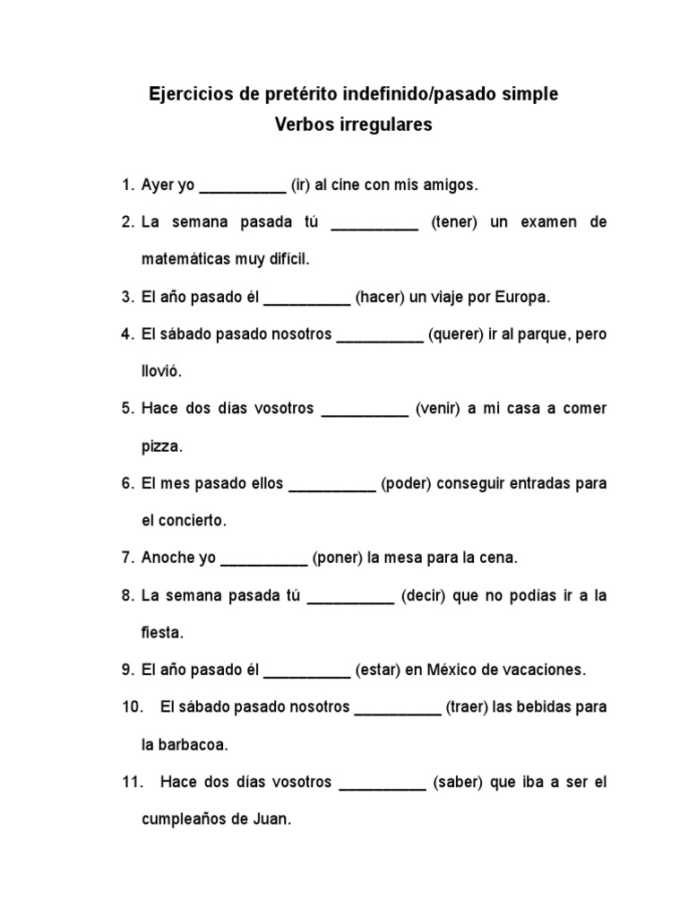 2 - Ejercicios de Pretérito Indefinido-Pasado Simple-Verbos Irregulares ...