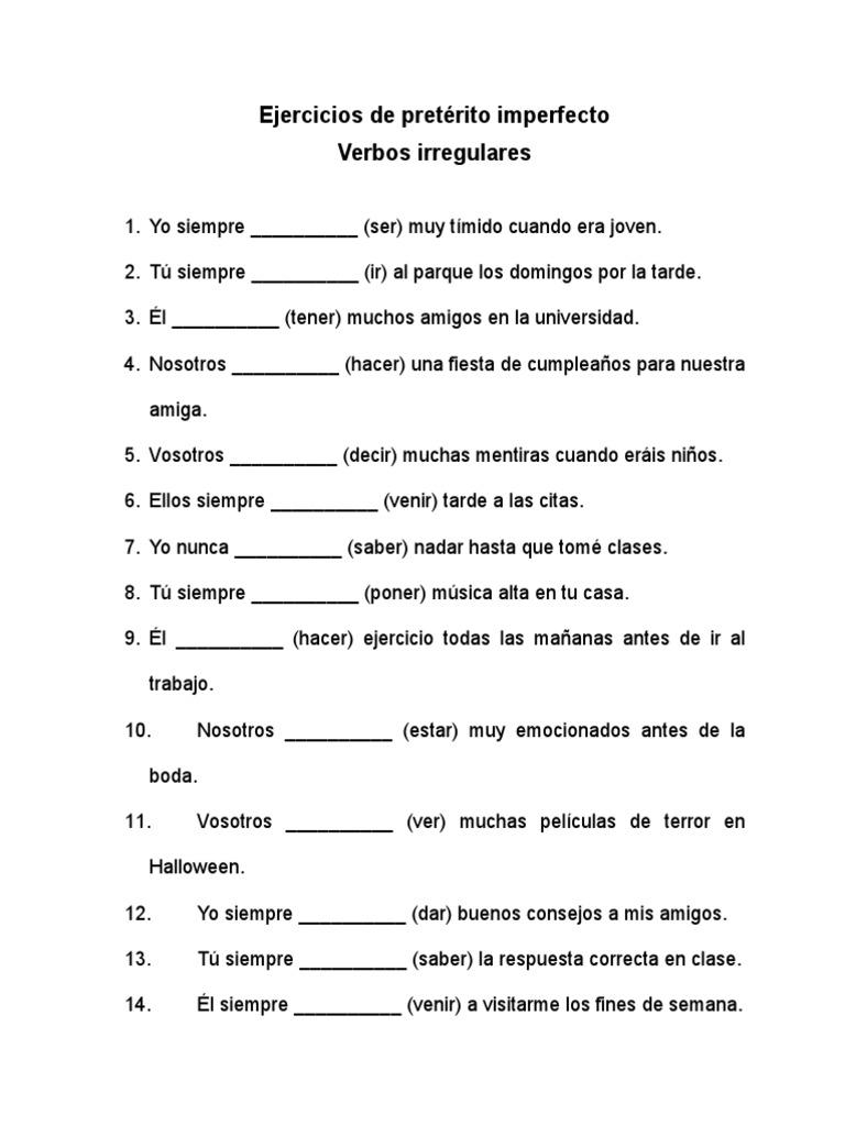 4 - Ejercicios de Pretérito Imperfecto Verbos Irregulares | PDF