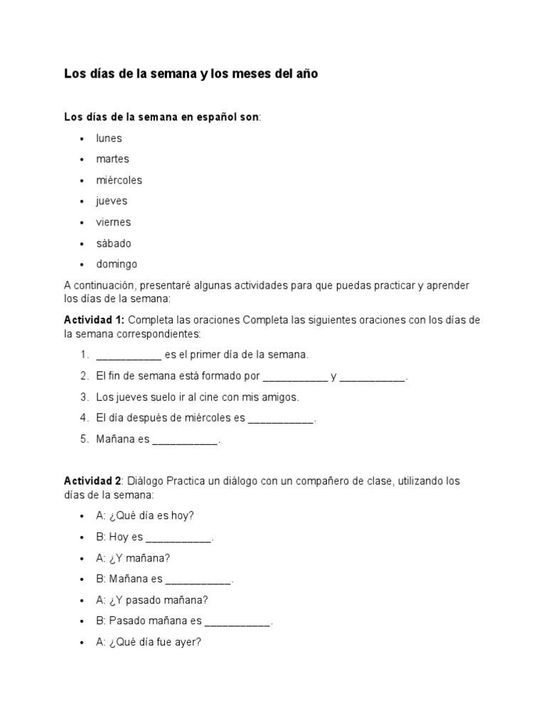 Práctica de días y meses del año | PDF