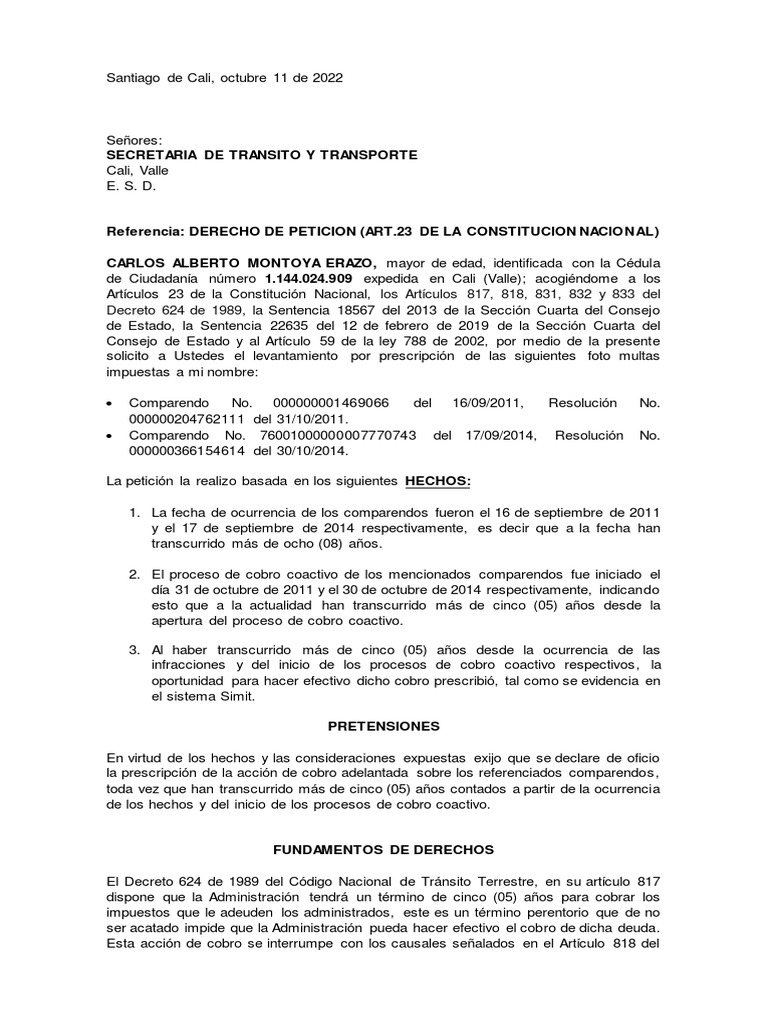 Levantamiento Foto Multas Por Prescripcion - Carlos Alberto Montoya Erazo | PDF | Estatuto de ...