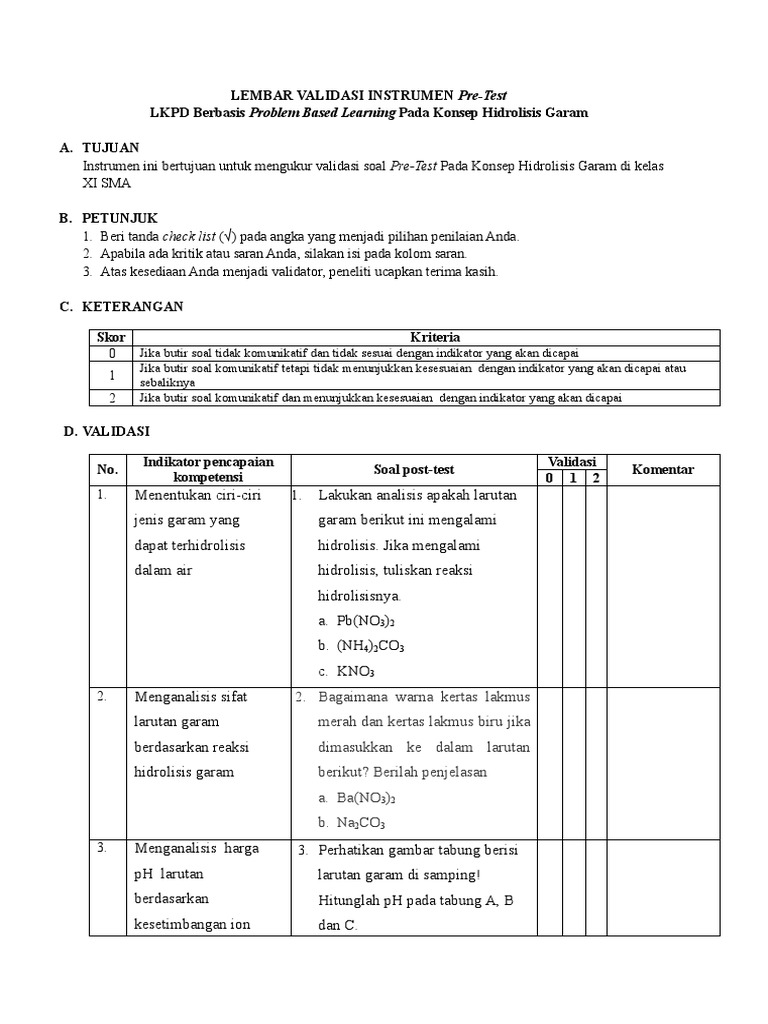 LEMBAR VALIDASI INSTRUMEN Pre | PDF