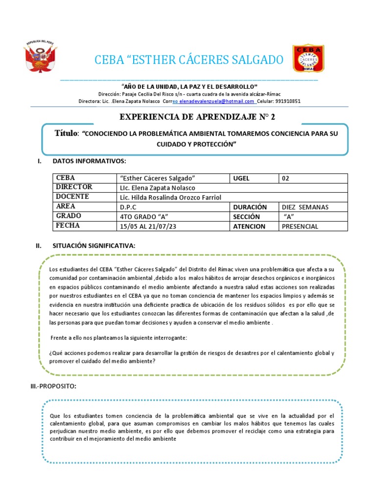 Experiencia de Aprendizaje Nro 2 - 4to Grado 2023 Dpc-Ept | Descargar gratis PDF | Entorno ...