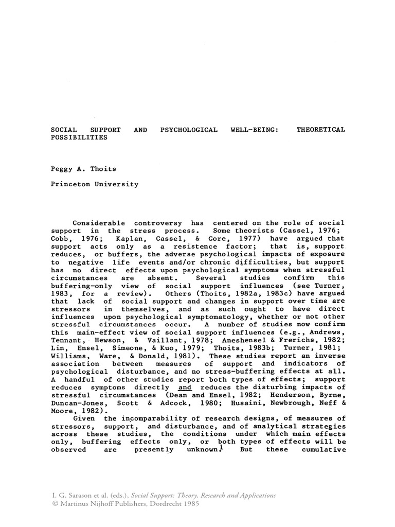 I. G. Sarason Et Al. (Eds.), Social Support: Theory, Research and ...