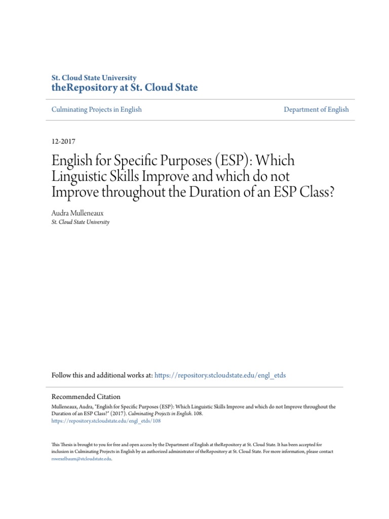 English For Specific Purposes (ESP) - Which Linguistic Skills Impr | Download Free PDF | English ...