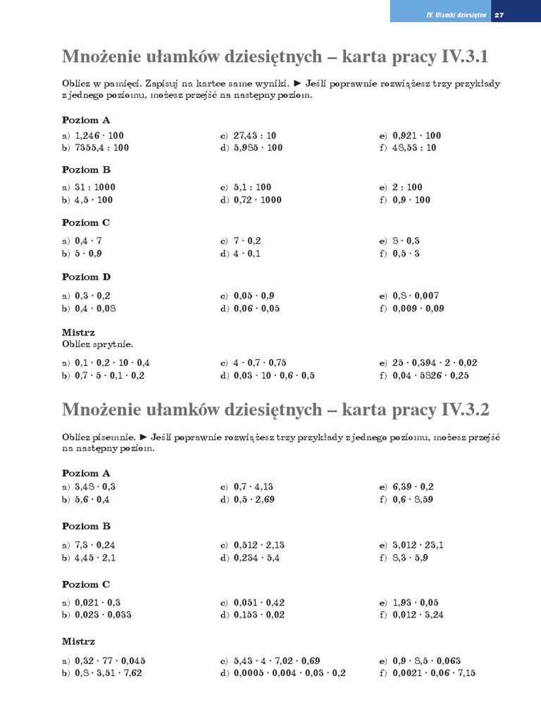Karty Pracy 5iv3 Mnozenie Ulamkow Dziesietnych Karty Iv31 Iv32 | PDF