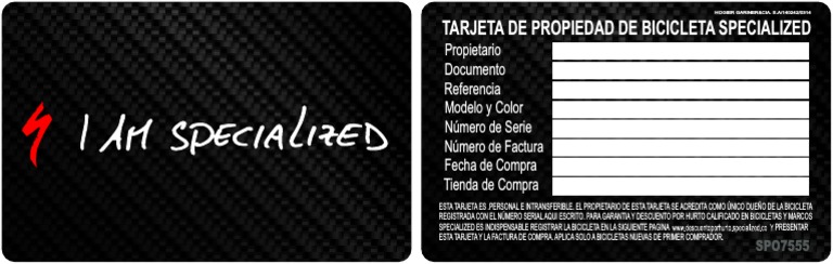 Tarjeta de Propiedad de Bicicleta Specialized | PDF