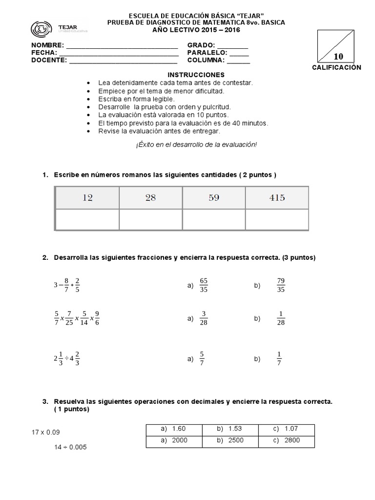 Prueba de Diagnostico 8vo. | PDF