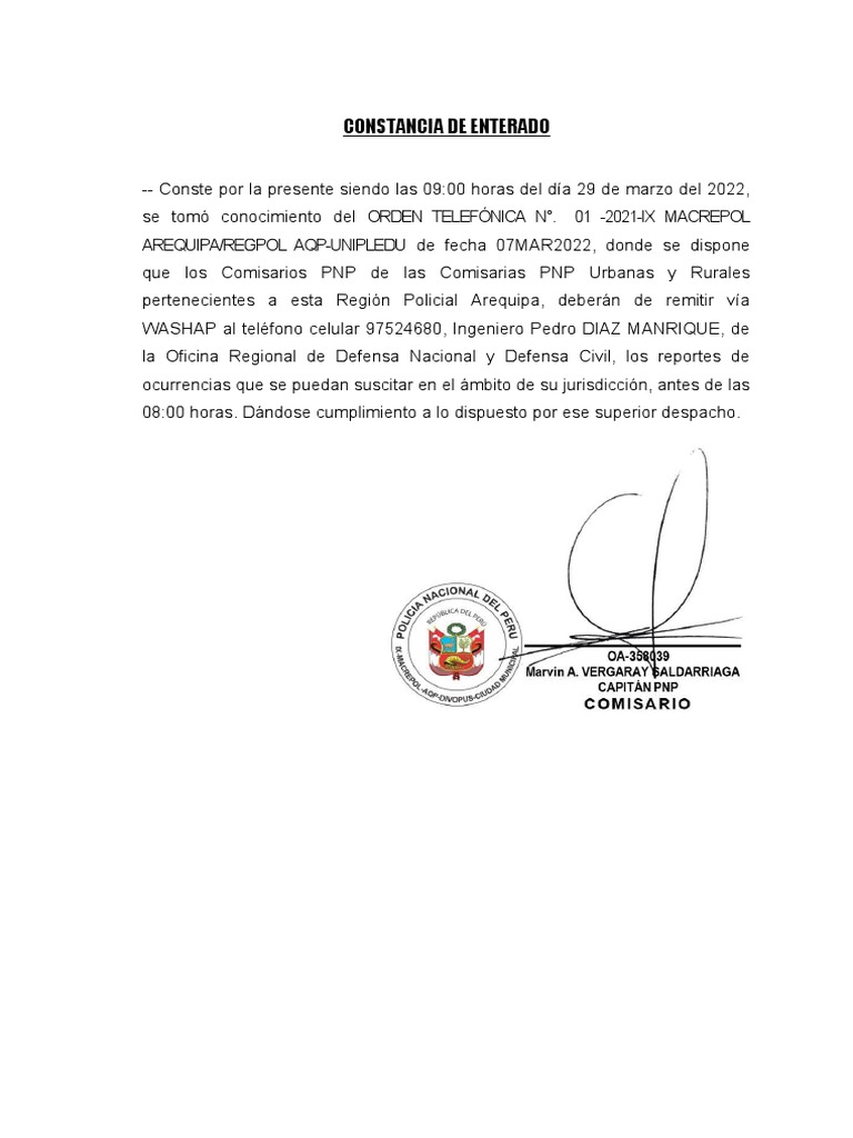 Constancia de Enterado | PDF | Policía | Cumplimiento de la ley