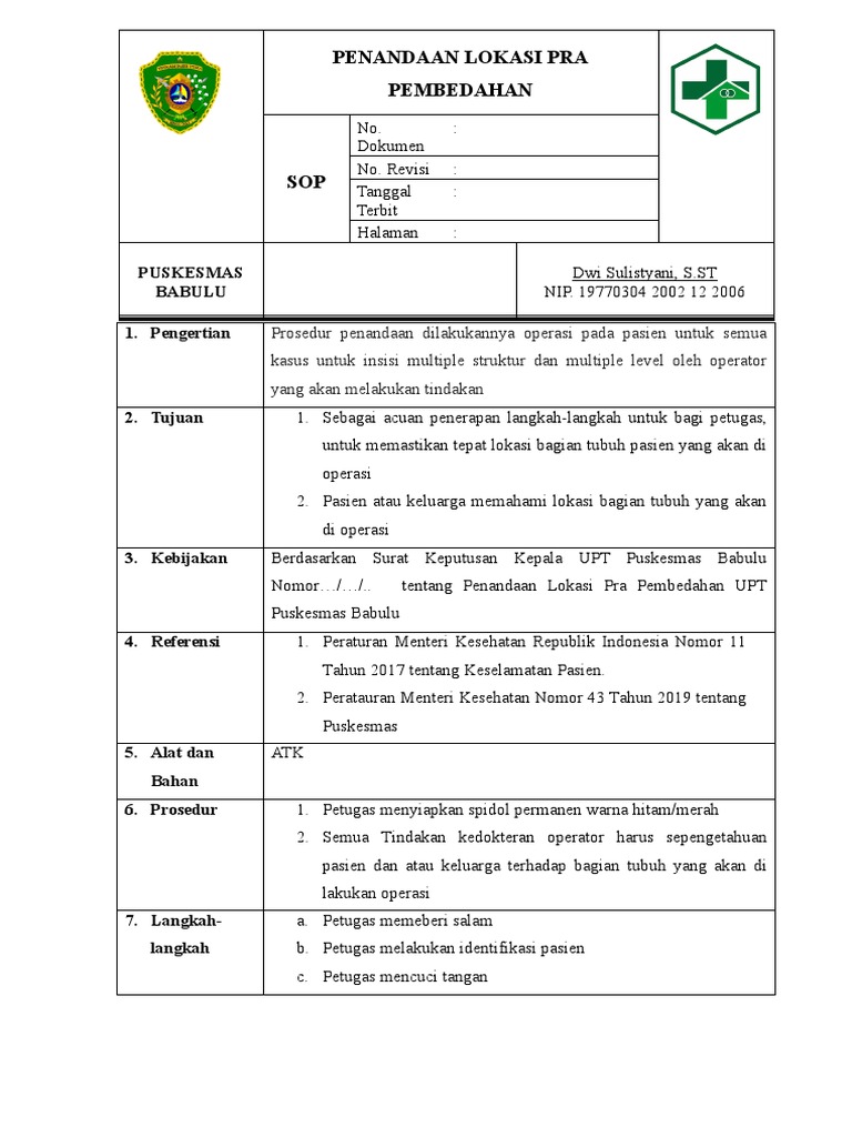 Sop Penandaan Lokasi Pra Pembedahan | PDF