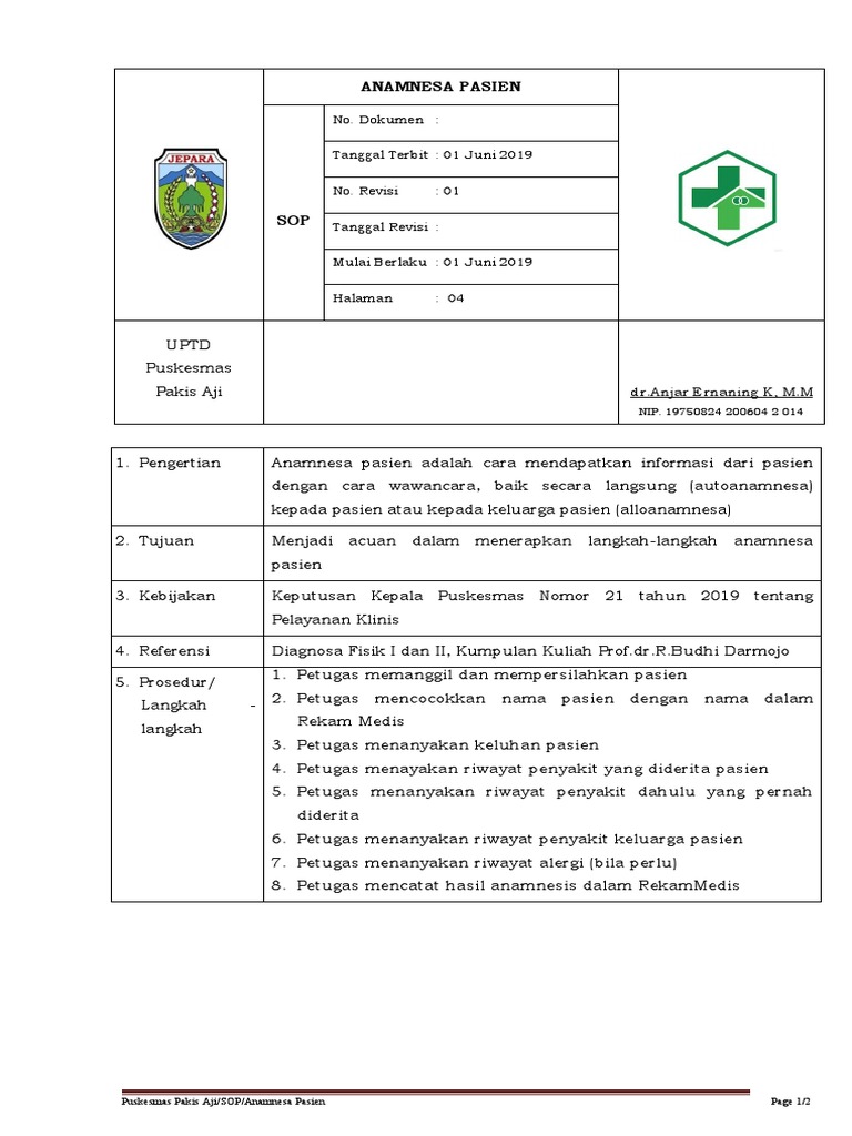 Sop Anamnesa Pasien | PDF