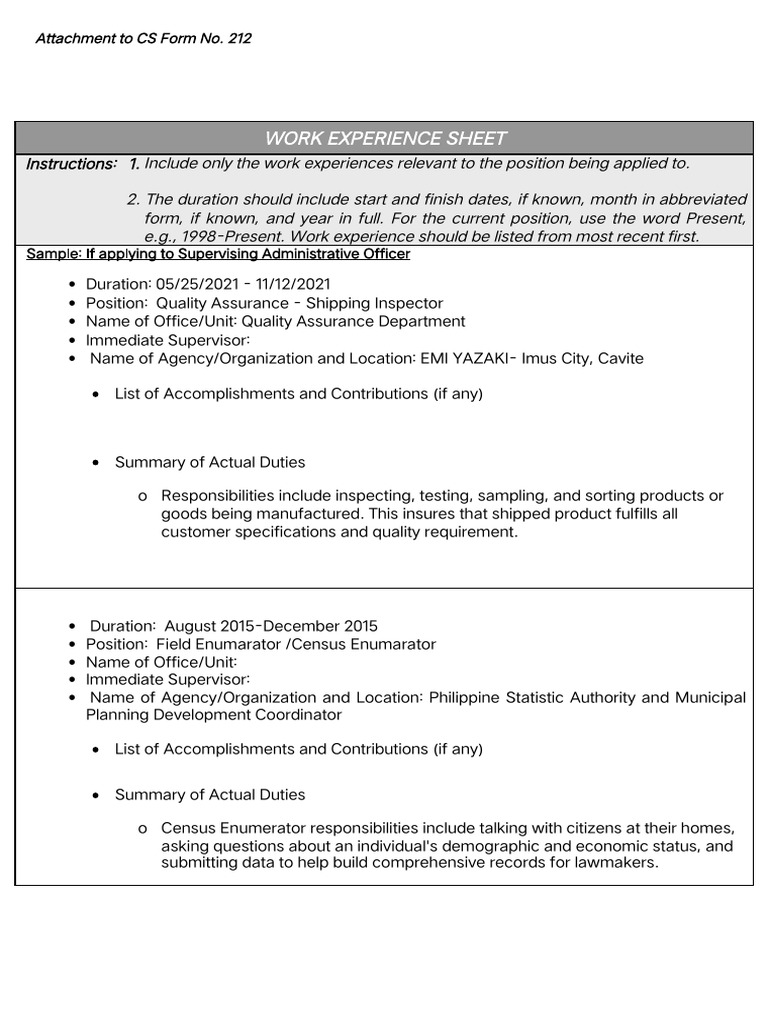 Work Experience Sheet Sample | PDF