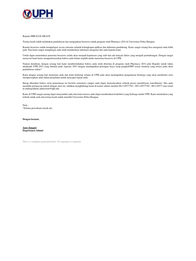 Surat Penerimaan Program Pharmacy UPH | PDF