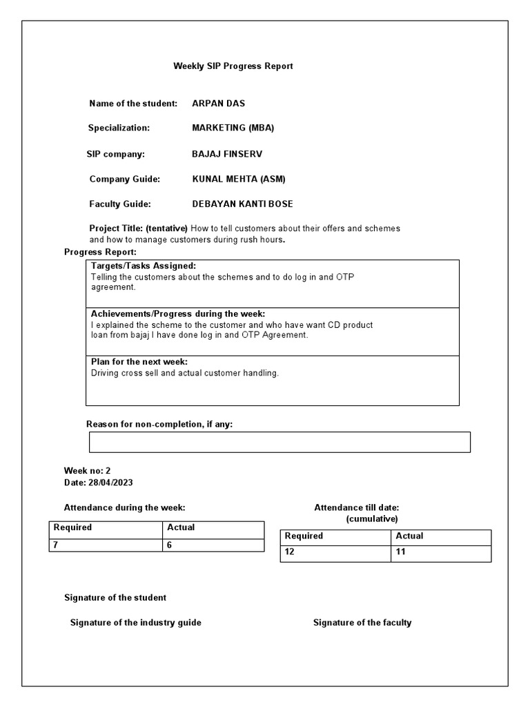 Weekly SIP Progress Report (Arpan Das) | PDF