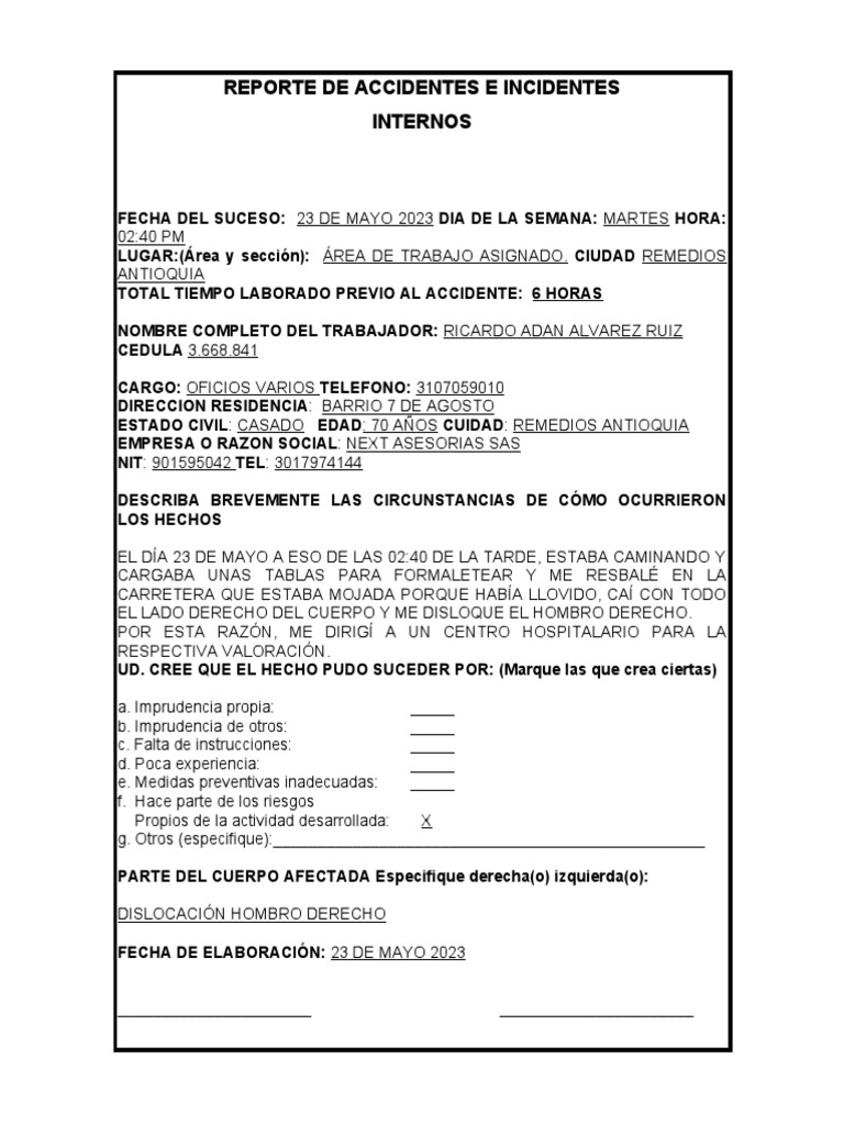 Formato de Reportes de Accidentes e Incidentes Internos | PDF