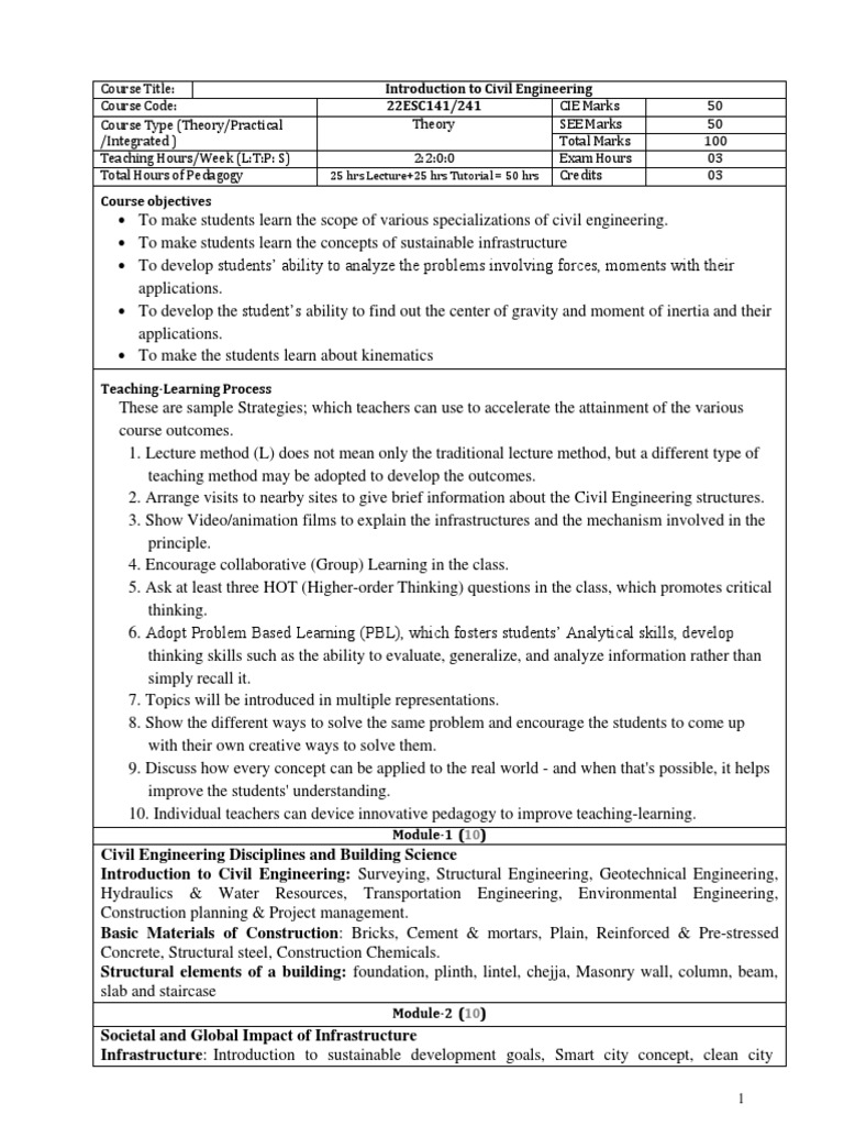 22ESC141 - Syllabus | PDF | Engineering | Force