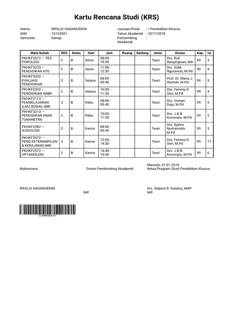 Kartu Rencana Studi (KRS) - UNIMA Learning Management Services-1 | PDF