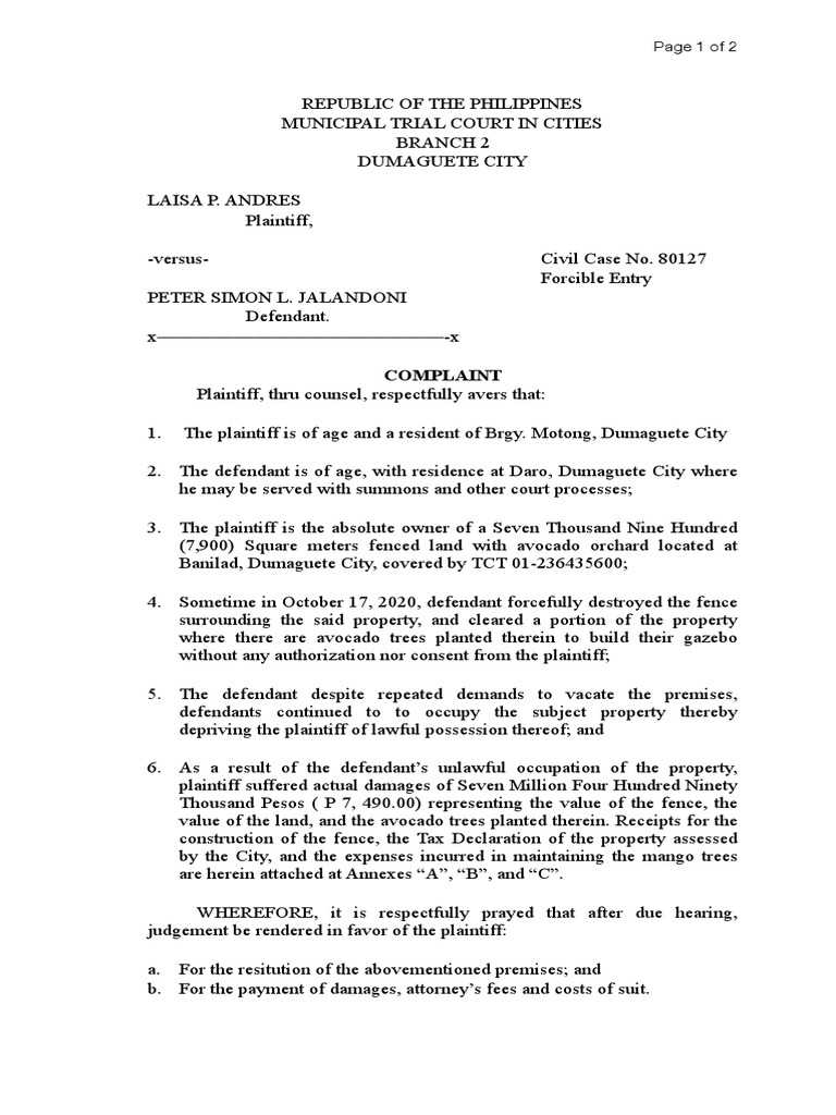 1a FORCIBLE ENTRY | PDF | Lawsuit | Judiciaries