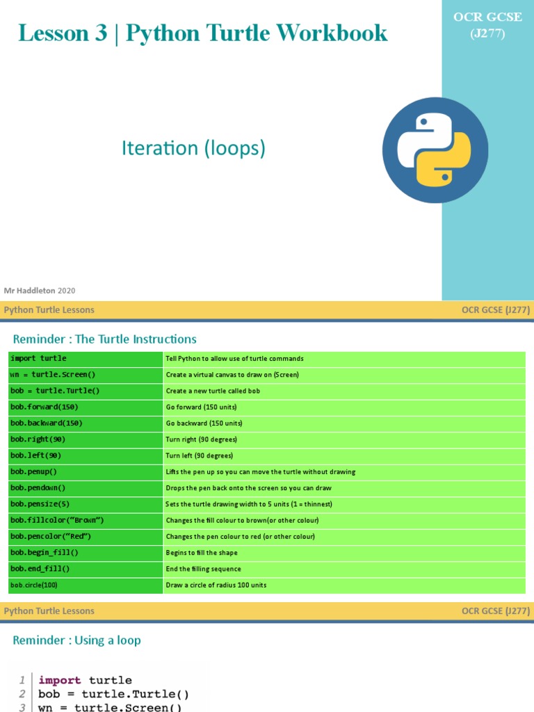 Python Turtle Lesson 3 - Workbook1 | PDF | Computing | Computer Programming