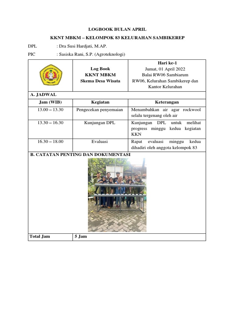 Logbook KKN Desa Wisata April 2022 | PDF