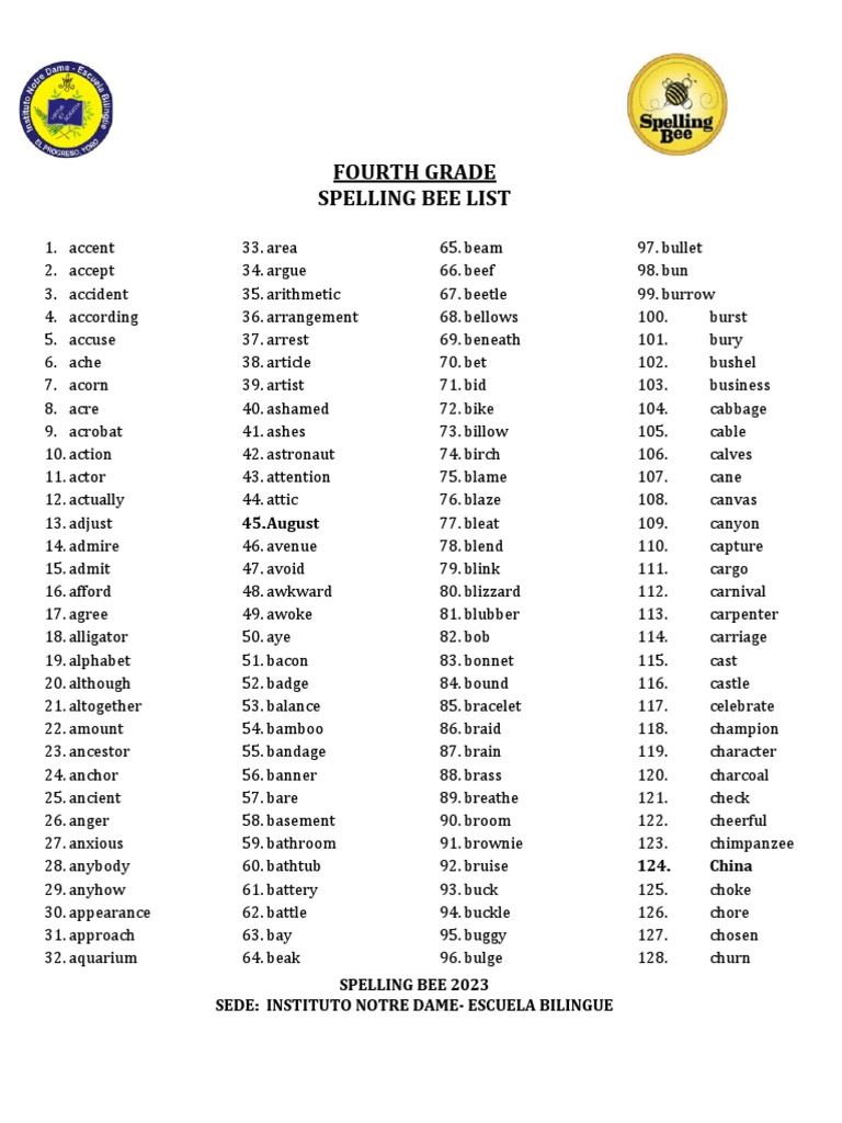 SPELLING BEE LIST - 4th GRADE | PDF