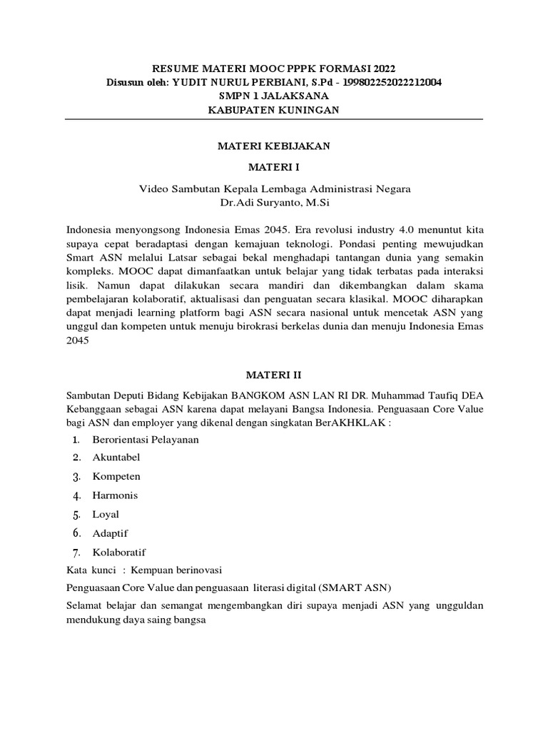 Resume Materi Mooc PPPK Formasi 2022-Yuditnurulp | PDF