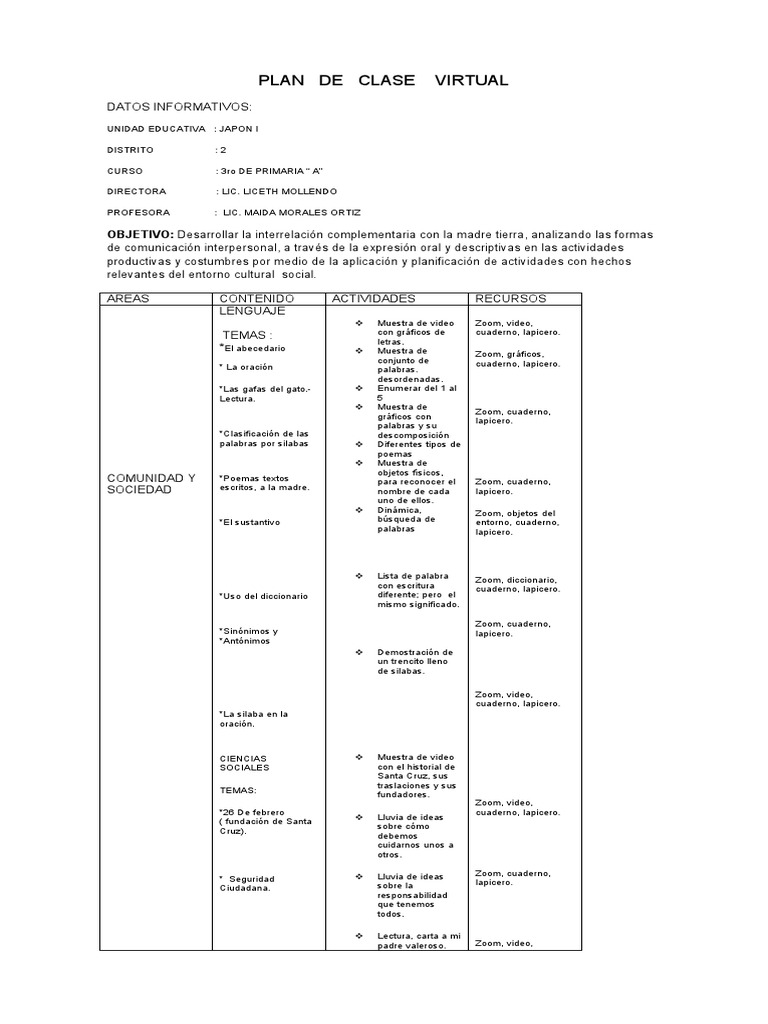 Plan de Clase Virtual Mensual | PDF | Diccionario | Lingüística