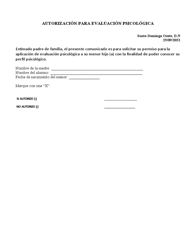 Autorización Evaluación Psicológica Pdf
