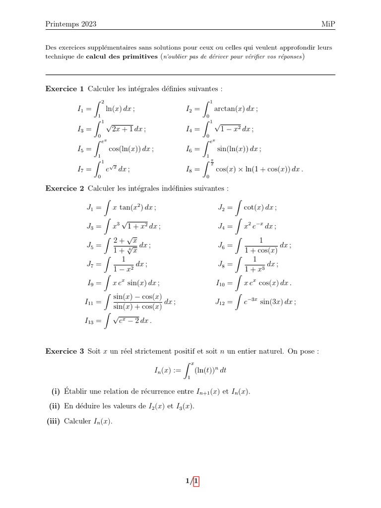 Exercices sur les Primitives et Intégrales | PDF | Mathématiques ...