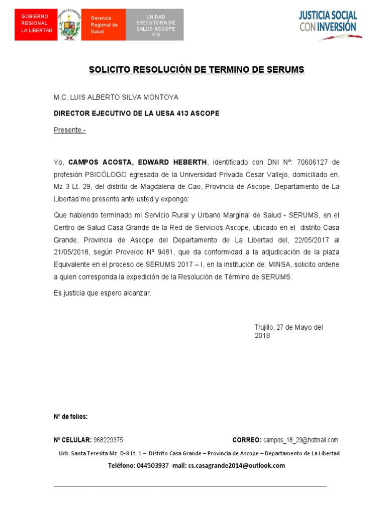 Solicito Resolucion de Termino de Serums | PDF