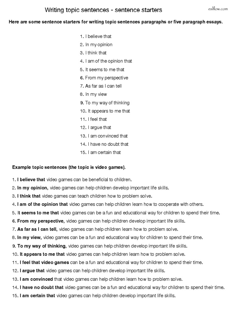 Writing Topic Sentences Sentence Starters | PDF