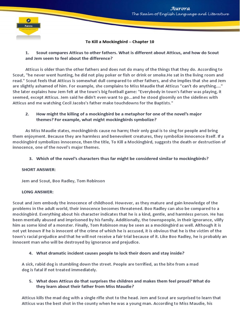 Chapter 10 Questions and Answers | PDF | To Kill A Mockingbird Chapter 10 Questions and Answers | PDF | To Kill A Mockingbird