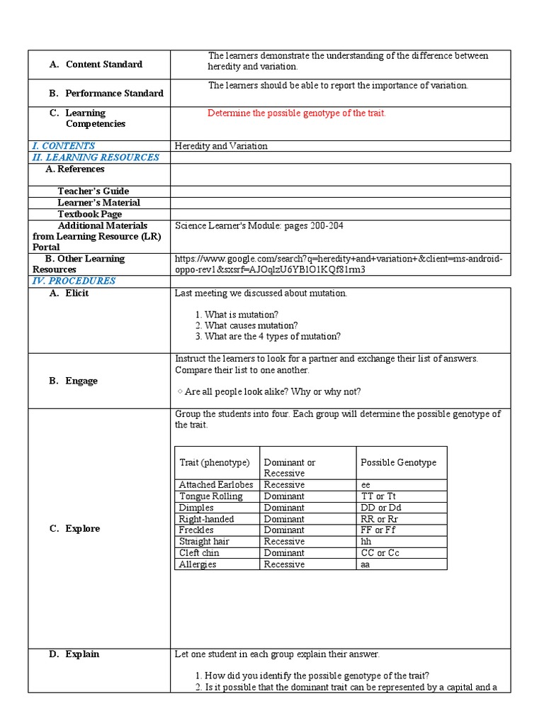 Lesson Plan Heredity and Variation Demo1 | PDF | Dominance (Genetics ...