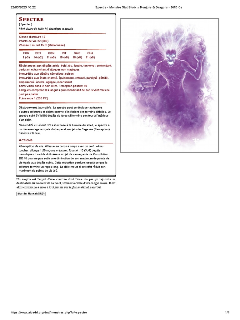 Spectre - Monstre Stat Block Donjons & Dragons - D&D 5e | PDF
