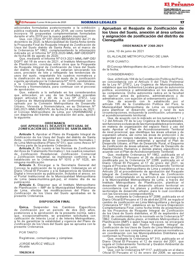 Aprueban El Reajuste de Zonificacion de Los Usos Del Suelo Ordenanza No 2360 2021 1962634 7 ...