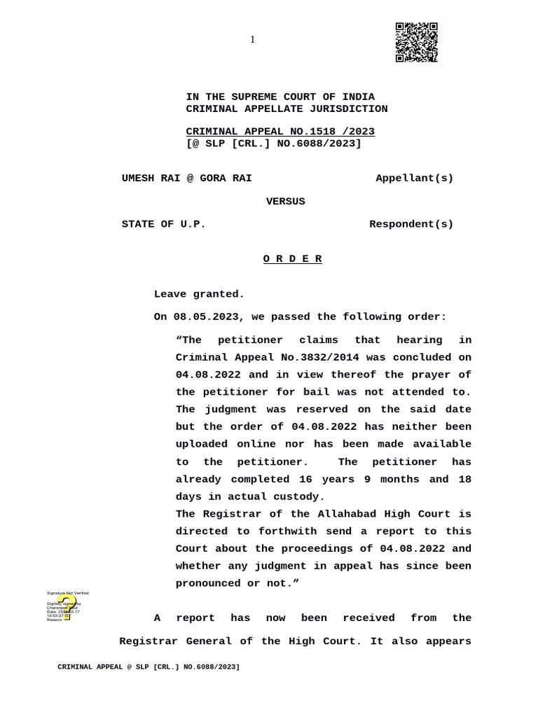 Umesh Rai vs State of Uttar Pradesh Appeal | PDF | Appeal | Judgment (Law)