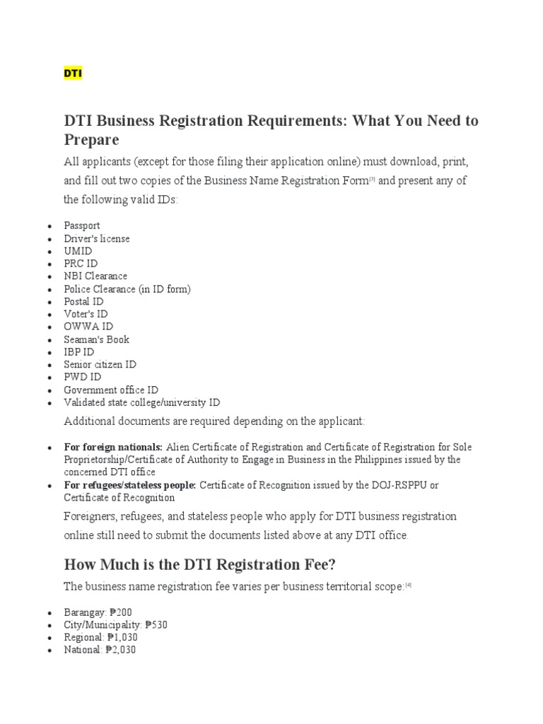 Requirements and Fees - Dti Bir Fda Sec | PDF | Corporations | Radiography