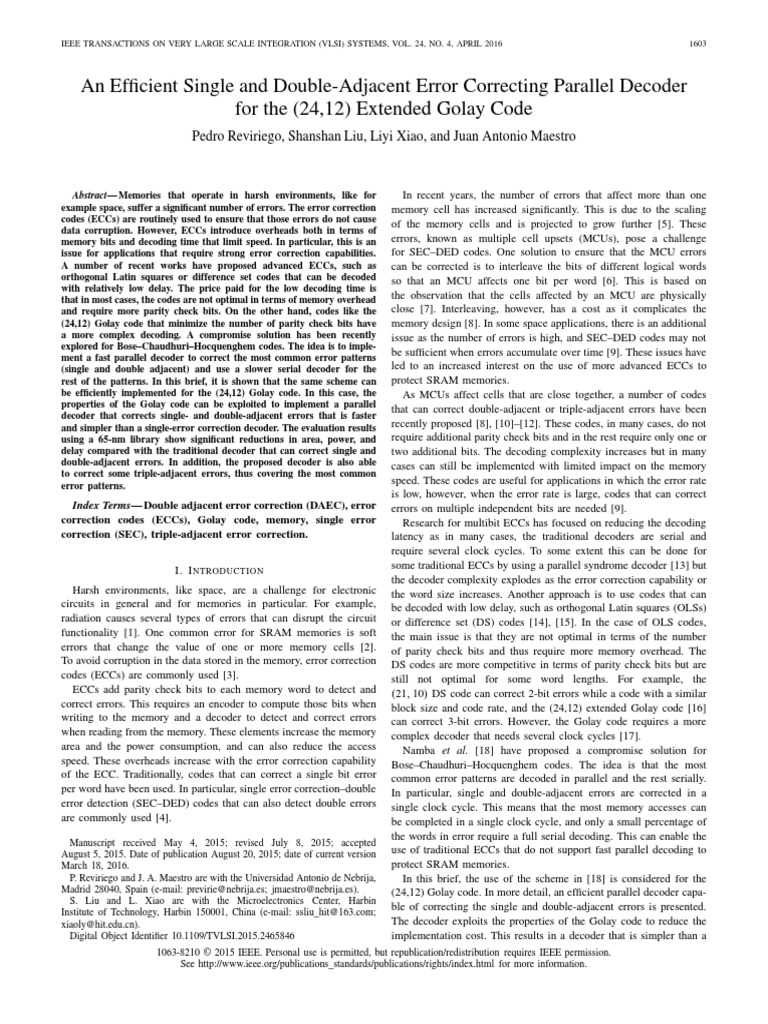 1 Sec Daec An Efficient Single And Double Adjacent Error Correcting Parallel Decoder Pdf