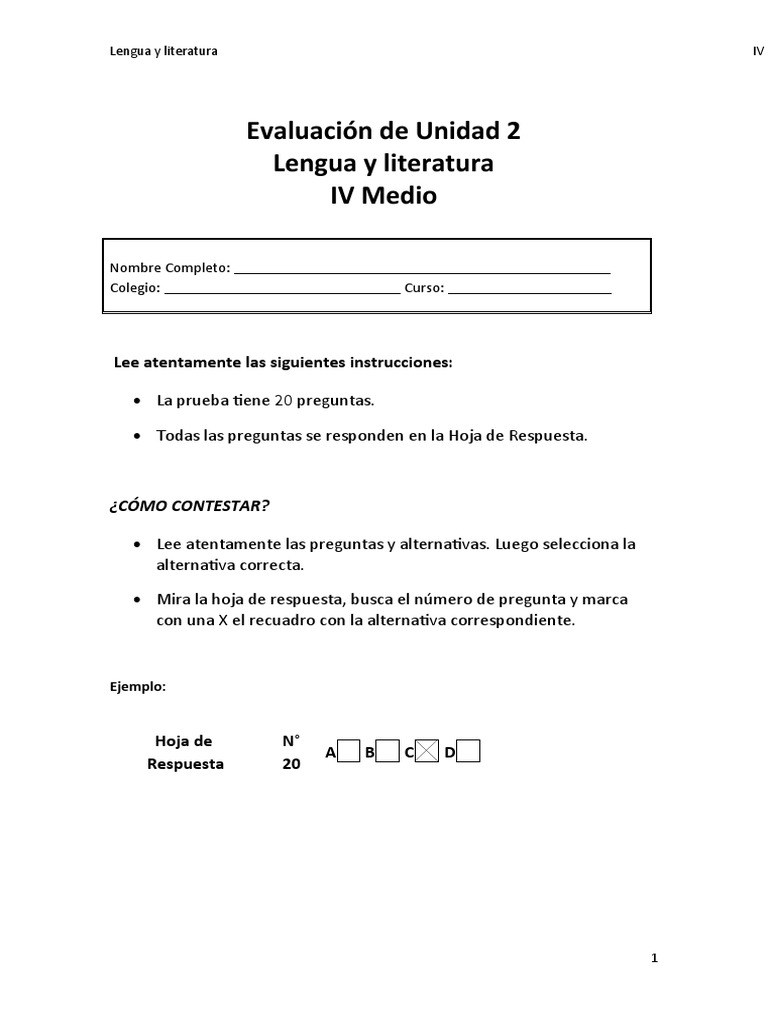 Prueba (Prueba de Unidad 2 Ivº Medio Lengua y Literatura) Unidad 2 | PDF