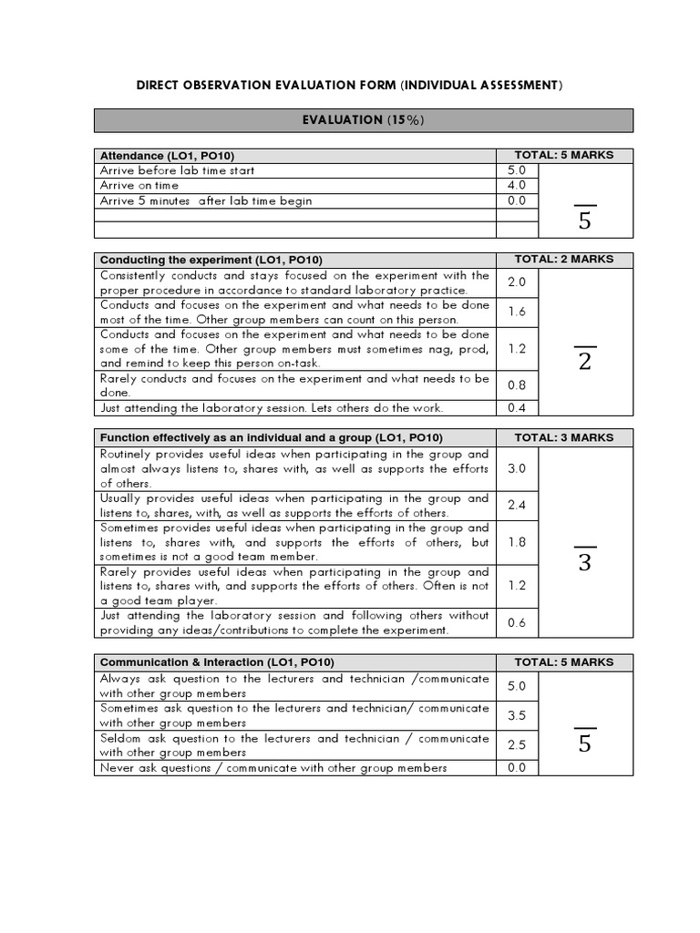 1 Rubric For Direct Observation Evaluation 15% | PDF | Experiment ...