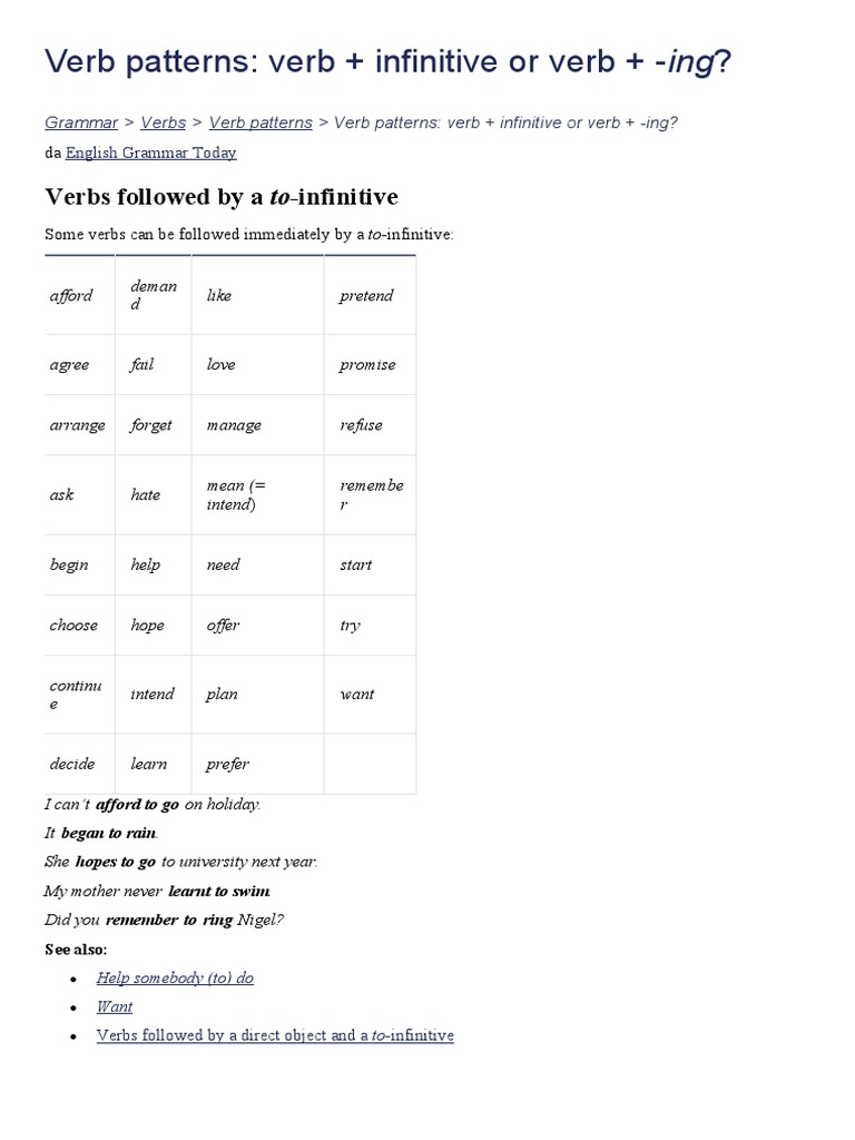 Verb Patterns Using To+infinite and To+ing and Both | PDF | Linguistics ...