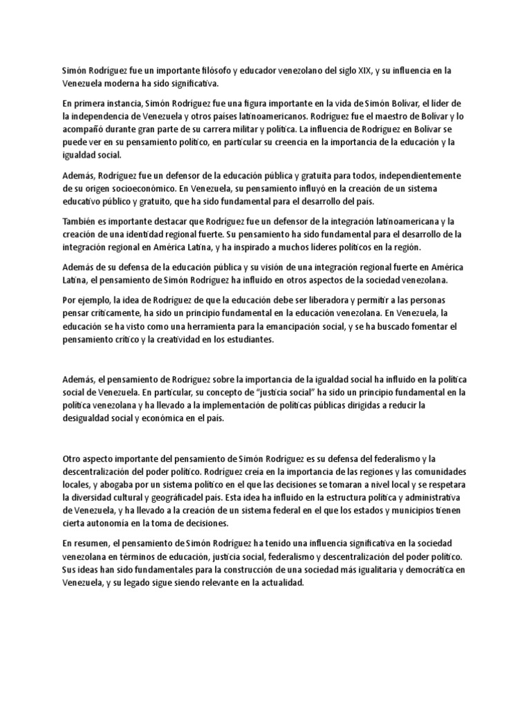 Influencia Del Pensamiento de Simón Rodríguez en La Venezuela Moderna | PDF | Venezuela ...
