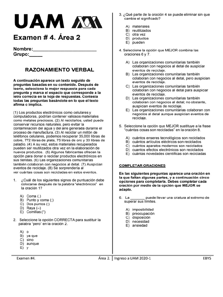 UAM Area 2 Examen 4 Preguntas y Respuestas | PDF