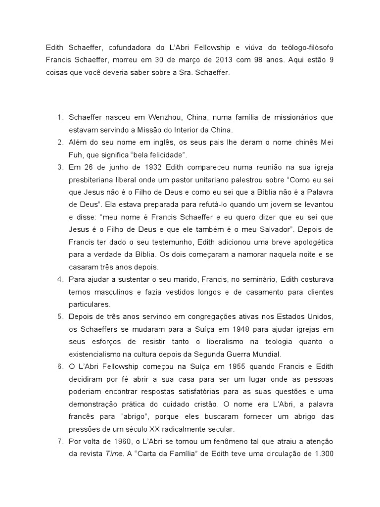 Edith Schaeffer - Monergismo | PDF | Jesus | Família