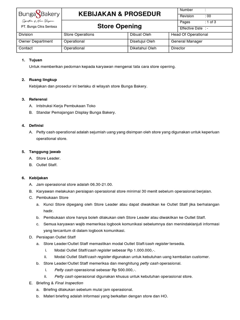 Draft SOP - Opening Store | PDF