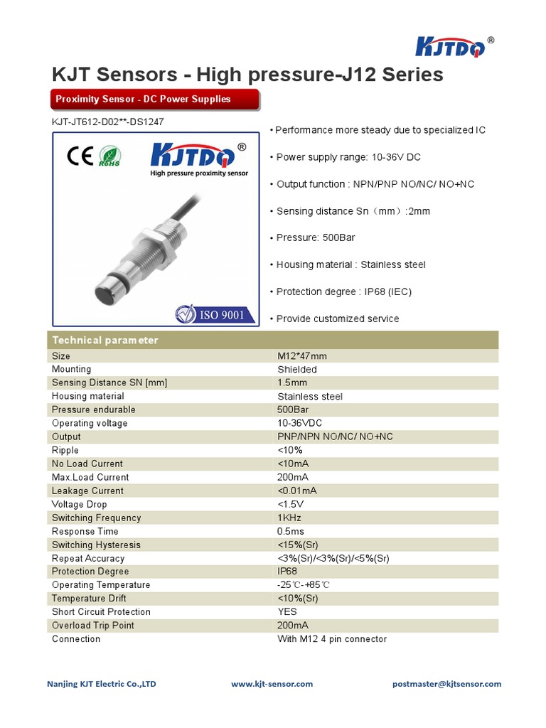 KJT Sensors - High Pressure-J12 Series: Proximity Sensor - DC Power ...