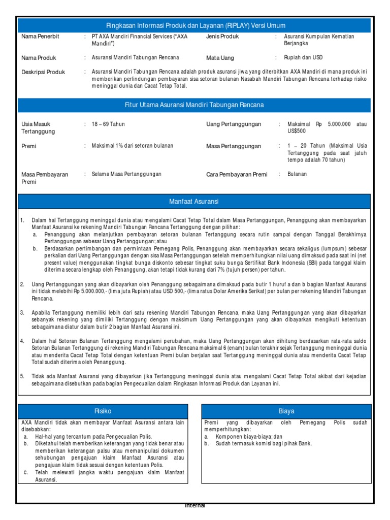 RIPLAY Umum Asuransi Mandiri Tabungan Rencana | PDF