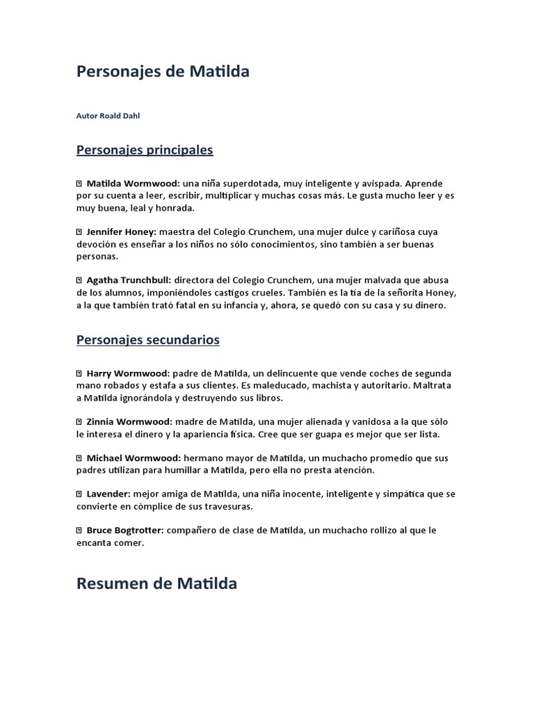 Matilda Personjes y Resumen | PDF