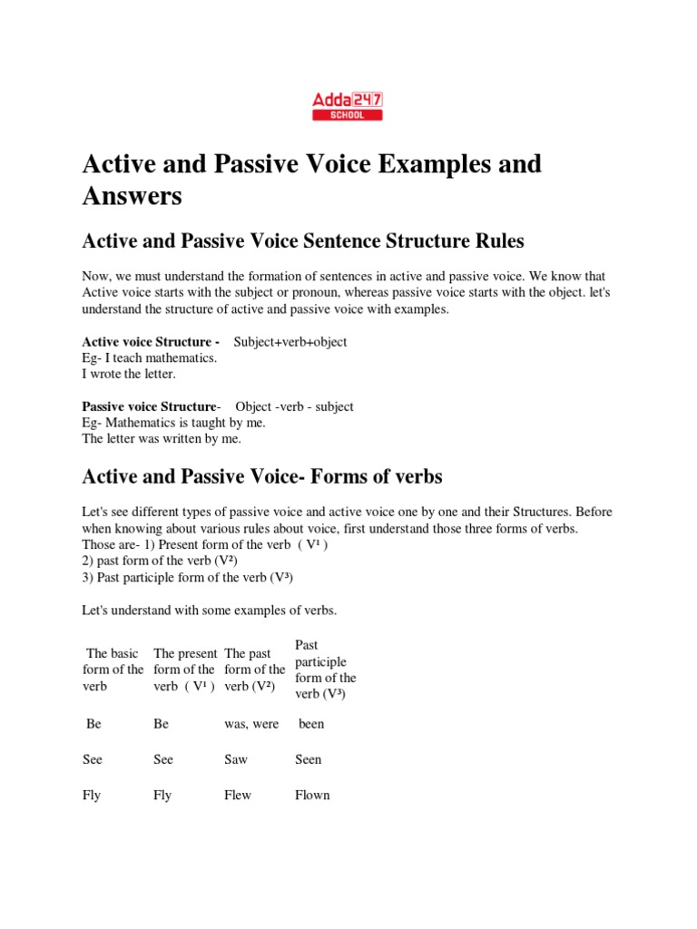Active and Passive Voice Examples With Answers and Rules | PDF | Verb ...